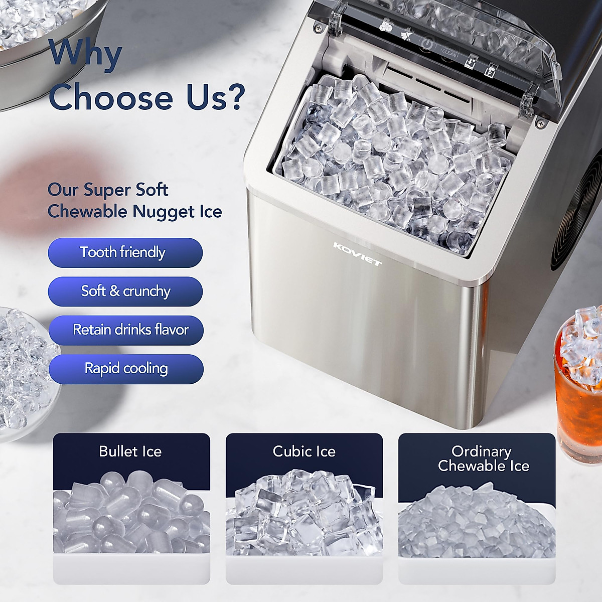 KOVIET Nugget Ice Makers Countertop, Soft Pebble Ice Machine, Chewable Crushed Pellet Ice 42lbs/Day, Self-Cleaning Drainpipe Ice Maker for Party, Home, Kitchen, Bar, Office, Silver Gray
