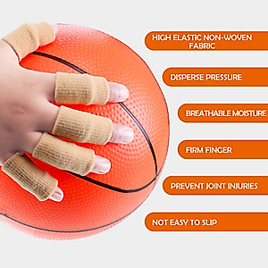 Skylety 30 Pieces Finger Sleeves with 1 Storage Bag, Thumb Splint Brace Support Protector Breathable Elastic Finger Tape for Pain Relief Arthritis Trigger Finger Sports Basketball Baseball (Beige)