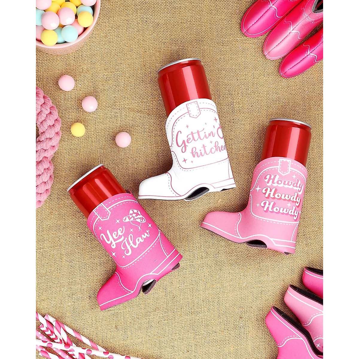 12 Pack Cowgirl Boot Bachelorette Party Skinny Can Sleeves Disco Cowgirl Slim Beverage Sleeves Favor Bridal Shower Insulated Neoprene Drink Holder for Western Themed Space Cowgirl Party Decorations