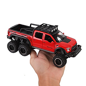 MYJJTYS Toy Pickup F150 six-Wheel (Length 8.6 inch) Metal die-cast Model car Sound and Light with Motorcycle Toy car 3 4 5 6 7 8 9 10 11 12 Year Old boy Toy (Red)