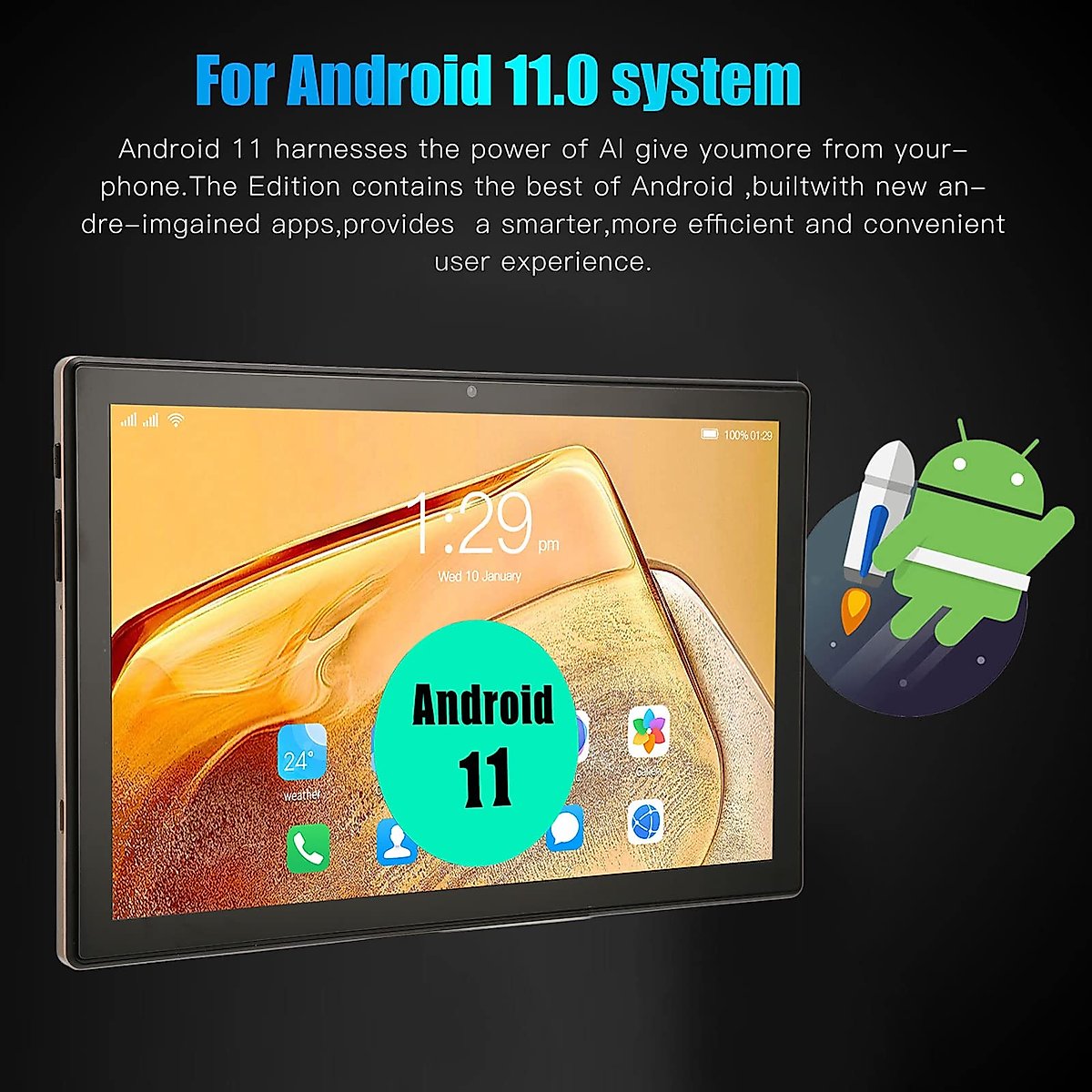 Alvinlite 10" Android Tablet, 7000mah 8 Core 5G WiFi Capacitor Screen 5 Points Touch, 6GB 256GB ROM Dual SIM Dual Speaker, Callable Android 11 Tablet 100‑240V(Gold)