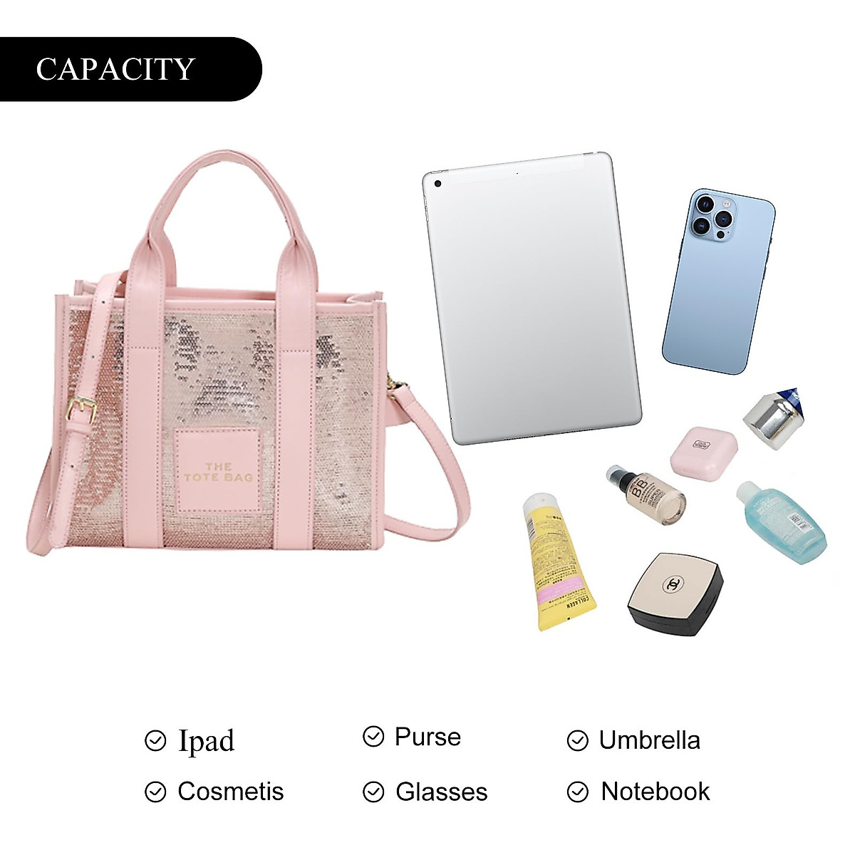 JQAliMOVV The Tote Bag for Women, Shining Leather Tote Bag Trendy Top Handle Crossbody Handbags for Work Travel (A-Pink)