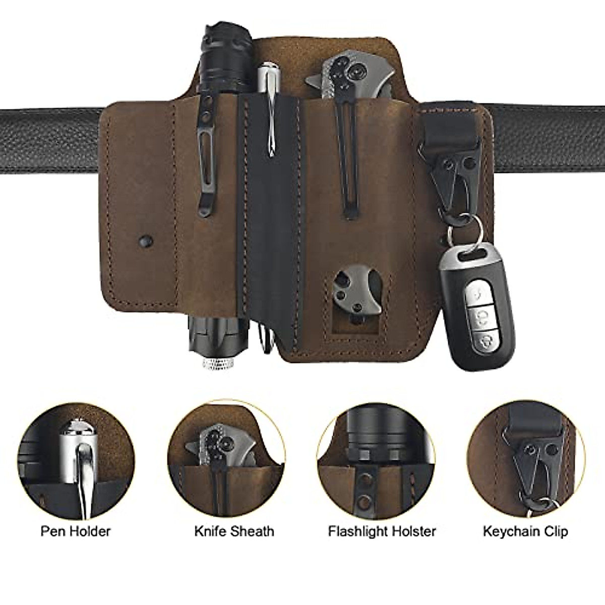 Leather Multitool Sheath, EDC Pocket Belt Organizer for Men with Flashlight Holster, Knife Sheath, Pen Holder and Keychain Clip (Brown)
