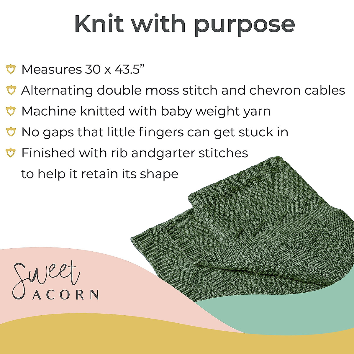 Sweet Acorn Knit Baby Blanket in Cable Pattern, Organic Cotton Blankets for Crib or Stroller, Receiving Blankets - Juniper Green