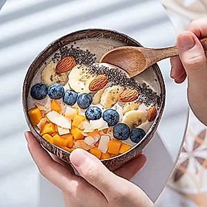 Hovico 3pcs Coconut Bowls with Spoons, 100% Natural Handmade Kitchen Utensils Bowl Polished with Coconut Oil Eco-Friendly Coconut Bowl Durable Lightweight Useful