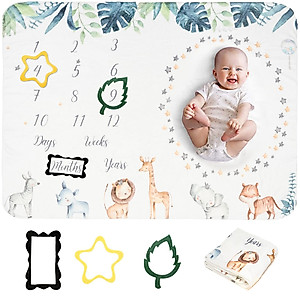 Baby Monthly Milestone Blanket Boy Safari Jungle Animals Personalized Growth Mat Super Soft Photo Blankets