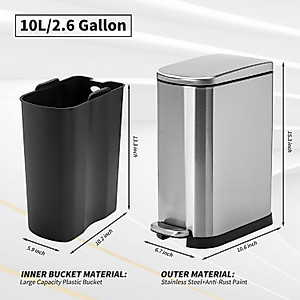 Small Bathroom Trash Can with Lid-10L/2.6 Gal Stainless Steel Garbage Can-Slim Metal Wastebasket-Rectangle Step Garbage Container Bin for Narrow Office, Kitchen, Bedroom, Toilet-Soft Close-Silver