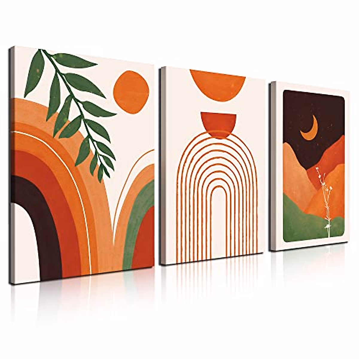 Boho Wall Art Set of 3, Boho Bedroom Decor Orange Minimalist Wall Decor Art, Mid Century Modern Wall Art, Neutral Abstract Geometric Framed Canvas Prints Wall Art for Bathroom 12"x16"