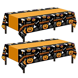 2 Pack Halloween Tablecloth, Halloween Decorations 54x108 Inch Halloween Table Cover Plastic Pumpkin Spider Web Ghost Halloween Party Table Cloth for Halloween Decor Indoor Holiday Party Supplies