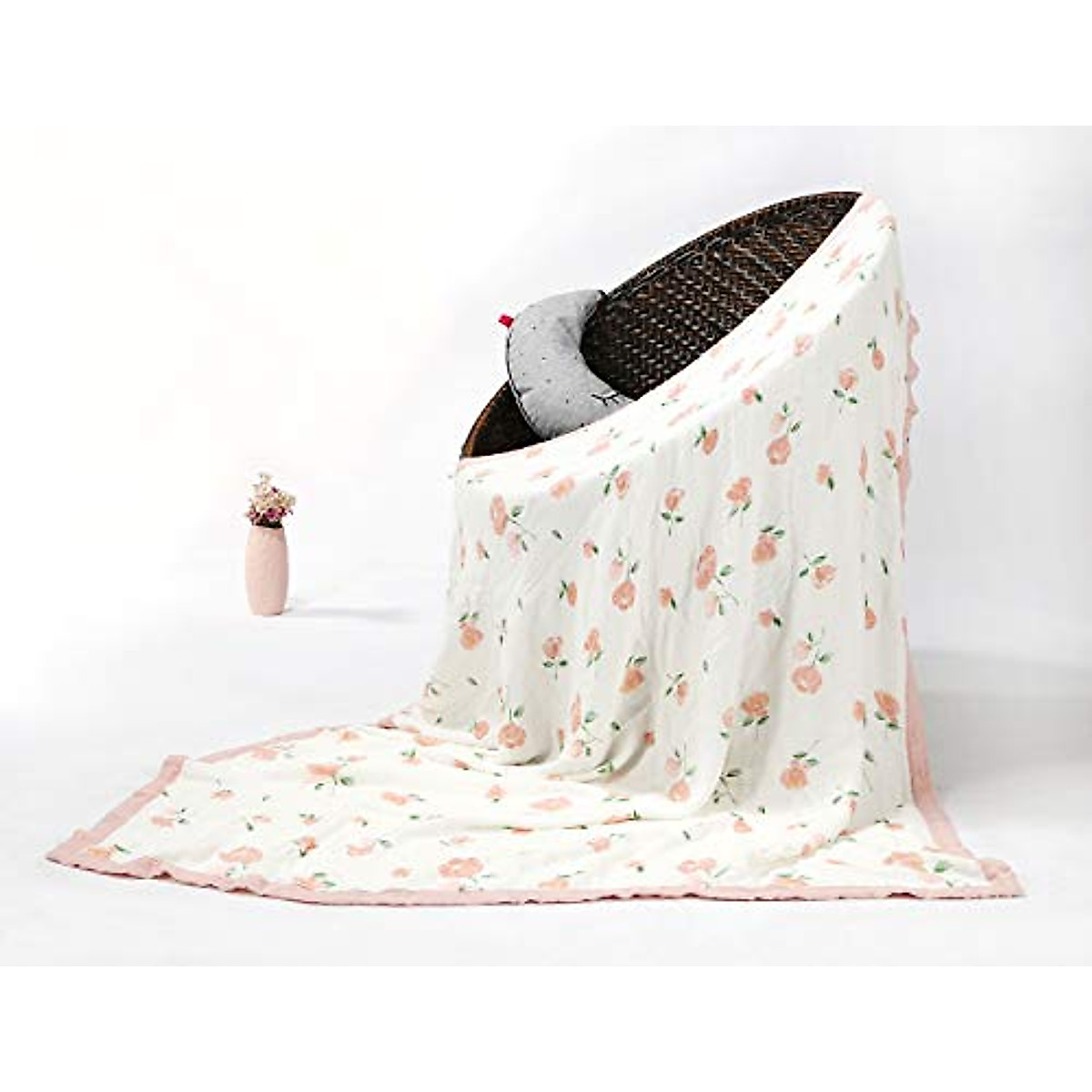 Monfish Muslin Baby Toddler Blanket- Large, Ultra-Soft Pink Rose Blanket for Girls- Baby Everything Blanket-Two Layer Stroller Blanket (Pink Rose)