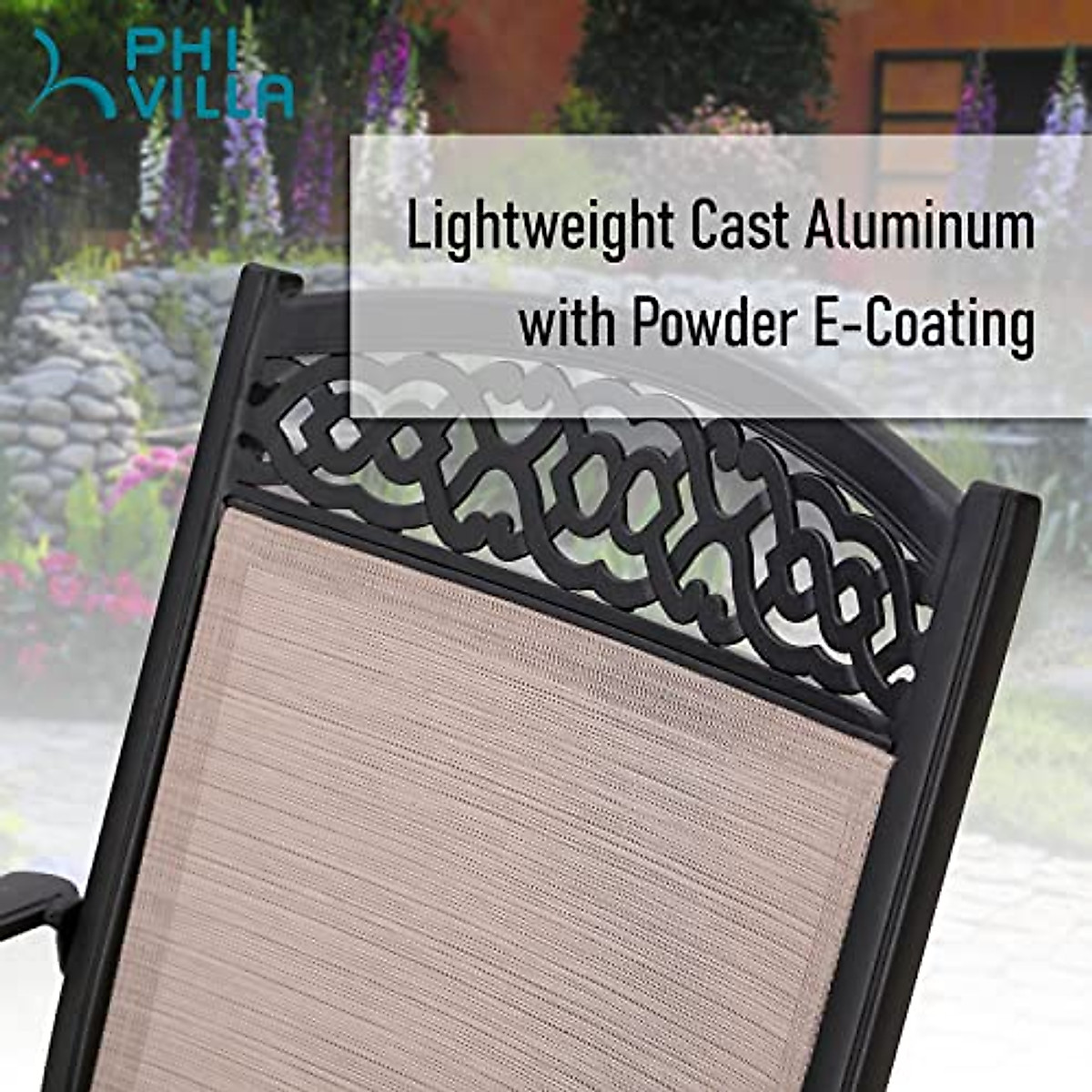 PHI VILLA Outdoor Cast Aluminum Patio Dining Chairs Set of 4, Stackable Patio Teslin Sling Chairs with Armrest for Deck, Garden, Terrace, Yard