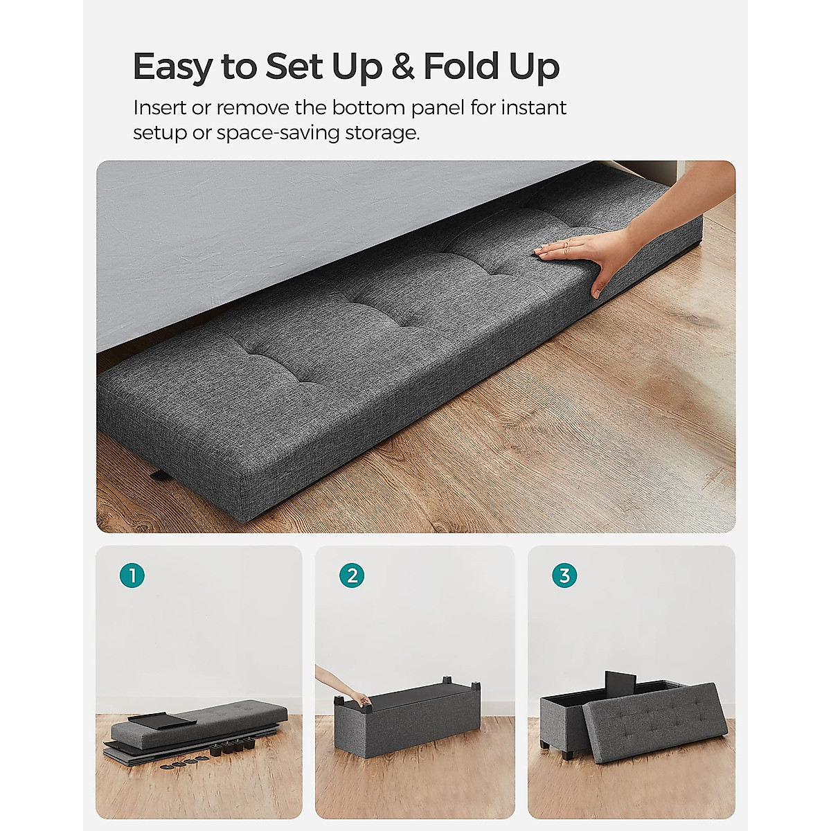 SONGMICS Storage Ottoman, Folding Storage Bench, Ottoman with Storage, Storage Ottoman Bench, for Living Room, Bedroom, 15 x 43.3 x 15.7 Inches, Dark Gray ULSF018G01