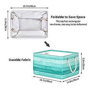 KiuLoam Large Foldable Storage Basket, Teal Turquoise Green Wood Print Decorative Storage Basket Fabric Storage Bin Organizer Bag With Handles For Office,Bedroom,Closet (15.7 X 11.8 X 9.8 Inch)
