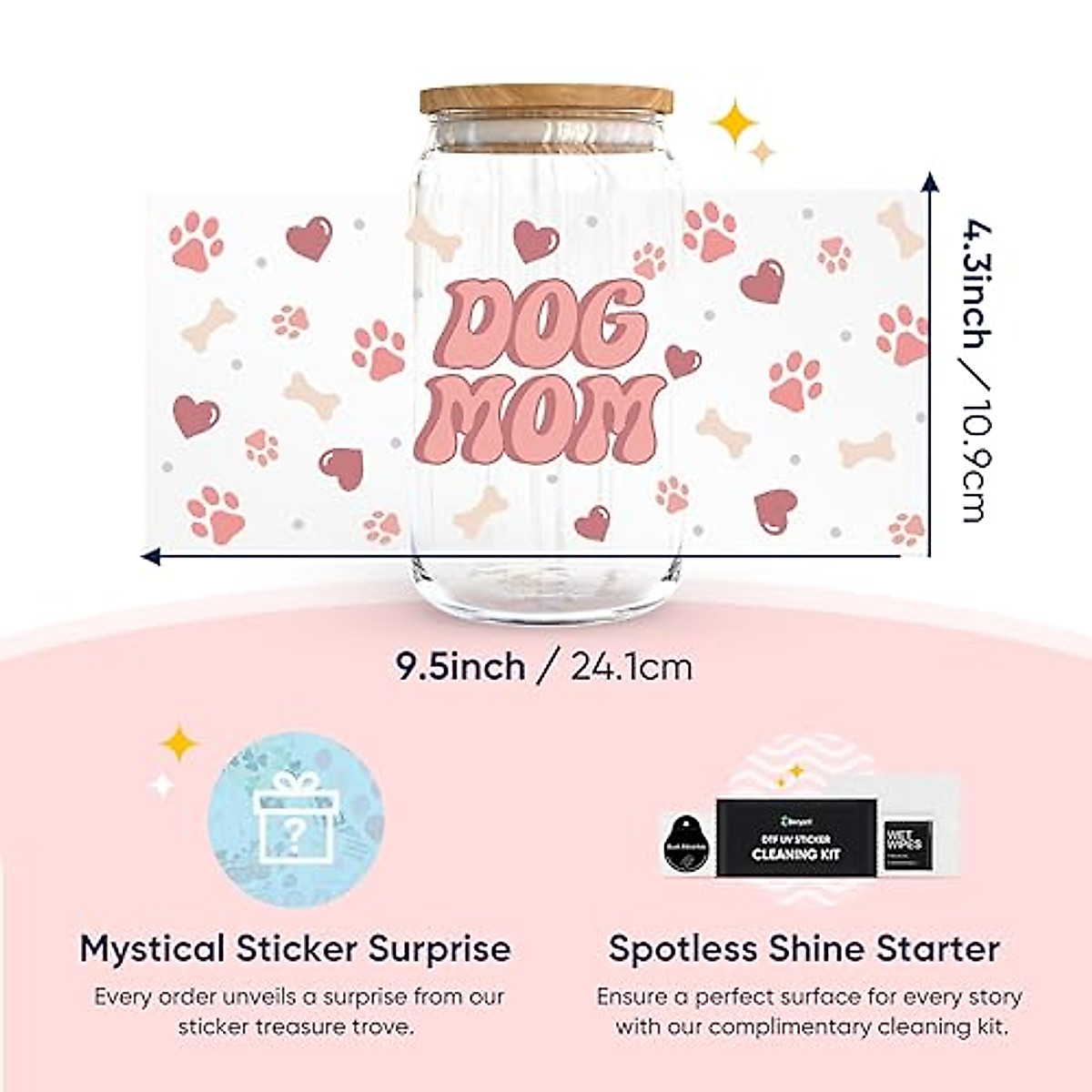 Beryzol UV DTF Cup Wrap, 9 Sheets Mama Theme 1 Sheets Mysterious Pattern and Cleaning Kit, UV DTF Transfers Stickers for 16 OZ Libbey Glass Cups Straws and Accessories