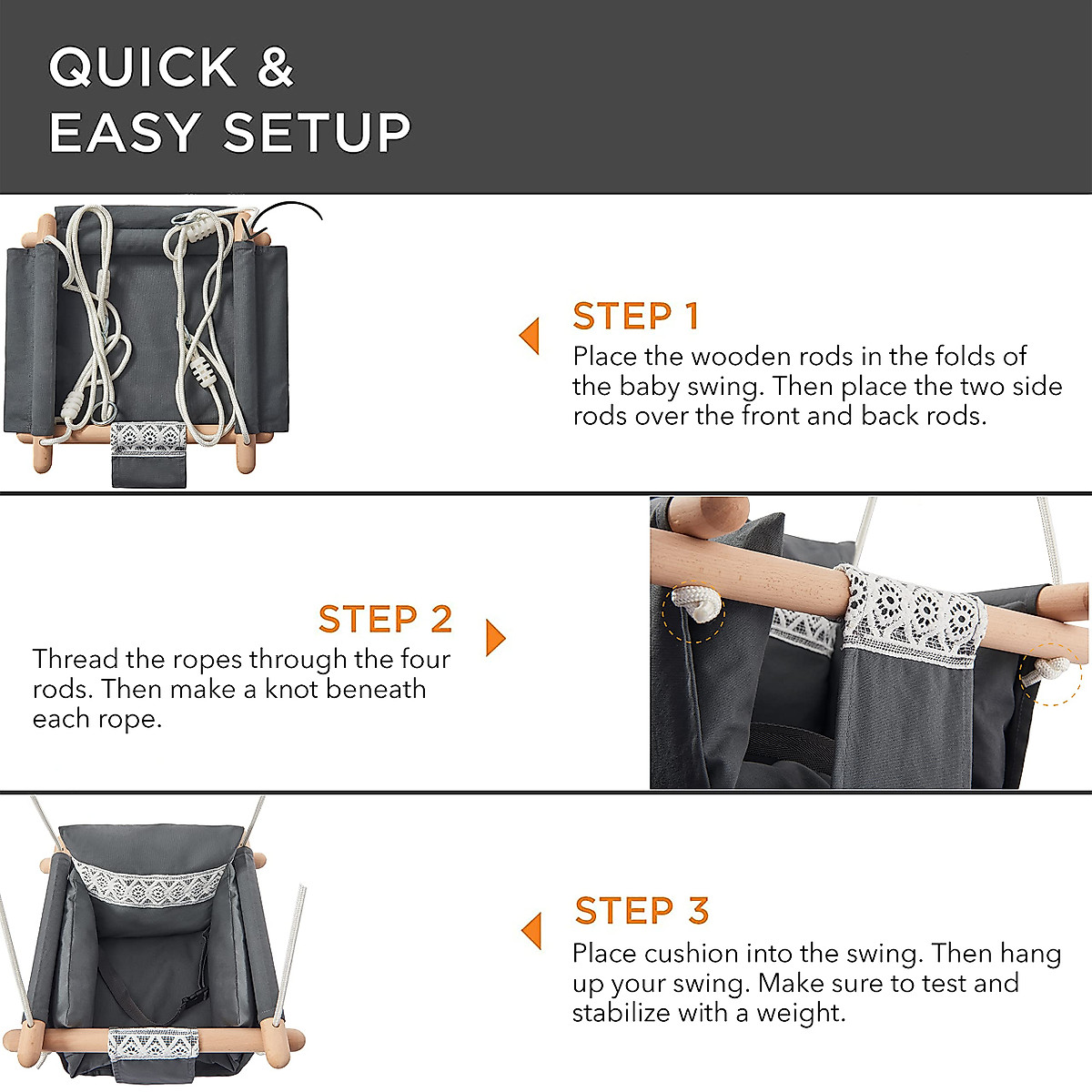 Secure Baby Swing Seat with Safety Belt - Baby Canvas and Wooden Swing Chair with Lace Décor Cushion - Hanging Indoor Swing for Infants & Baby Swing Outdoor - Tree Toddler Swing for Backyard Outside