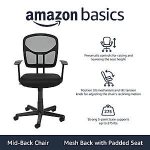Amazon Basics Mesh, Mid-Back, Adjustable, Swivel Office Desk Chair with Armrests, Black