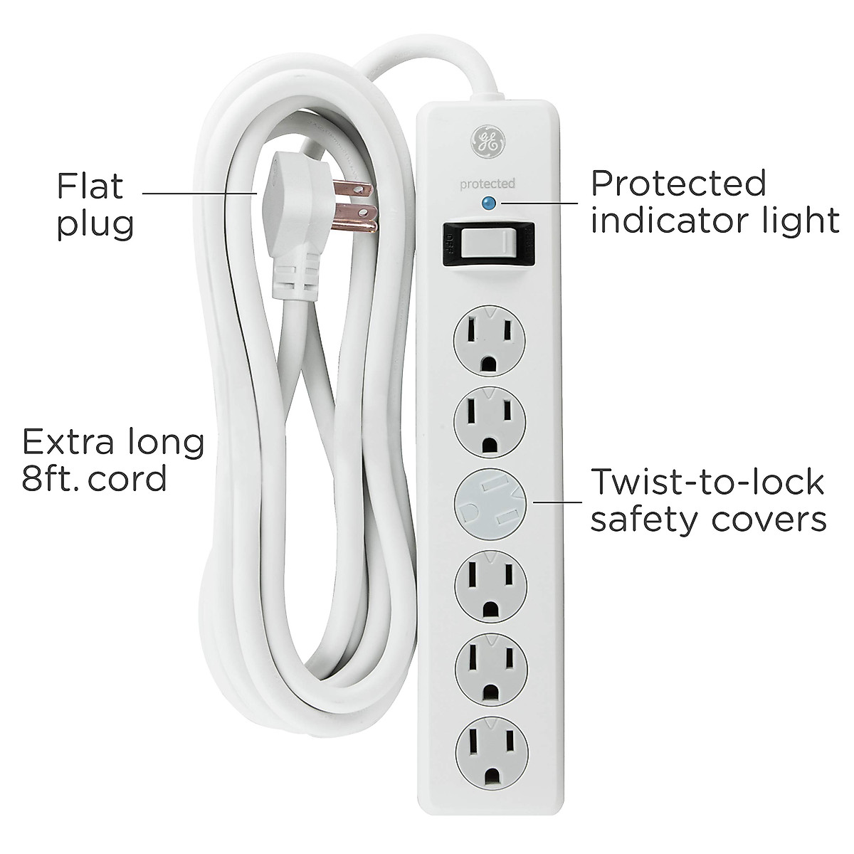 GE, White, 6 Outlet Surge Protector 2 Pack, 10 Ft Extension Cord, Power Strip, 800 Joules & Belkin 12-Outlet Power Strip Surge Protector, 8ft Cord – Ideal for Computers, Home Theater, Appliances