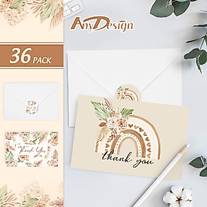 AnyDesign 36 Pack Boho Thank You Cards Boho Rainbow Floral Thank You Note Cards with Envelope Stickers Bohemian Flower Blank Cards for Birthday Wedding Baby Shower Bridal Shower, 4 x 6 Inch