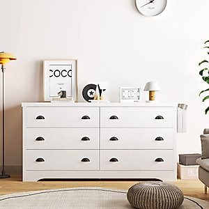 LIKIMIO Dresser for Bedroom 6 Drawer with Charging Station, TV Stand Storage Chest of Drawers for Living Room Hallway Entryway, MDF Board, White