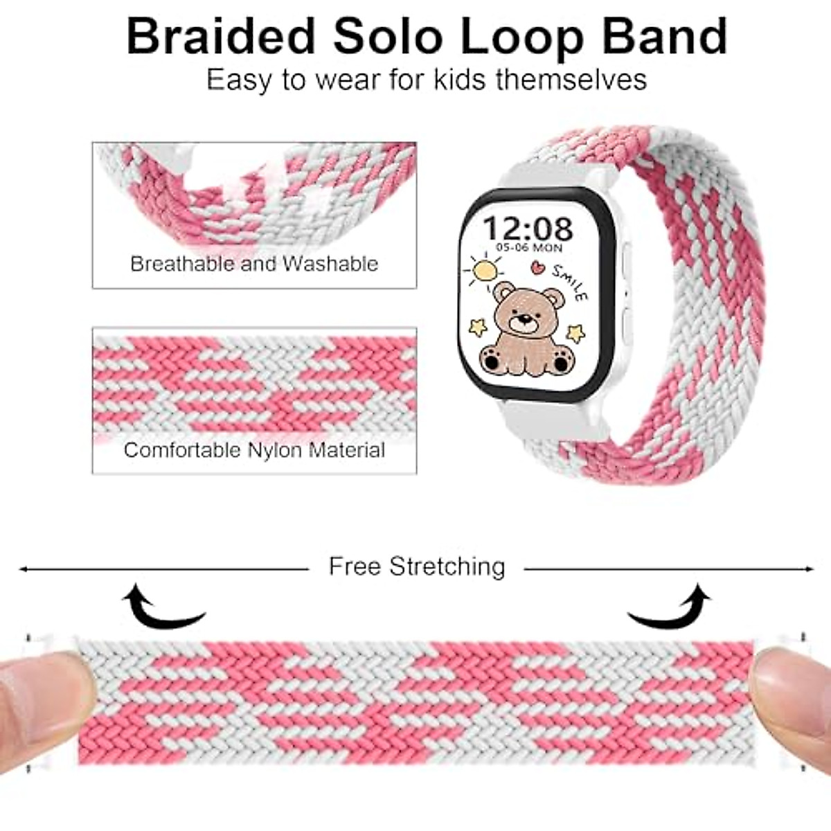 Khxriypha 2 Pack Nylon Braided Band Replacement for Kids Compatible with Gizmo Watch Edition/Gizmo Watch 3/2/1 Gabb Watch/SyncUP Watch 20mm Kids Breathable Solo Loop Stretchy Strap for Boys Girls