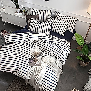 Merryfeel Cotton Duvet Cover Set,100% Cotton Jersey Knit Striped Duvet Cover and Pillowshams,3 Pieces Bedding Set - (Queen,Navy Stripe)