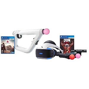 PS4 Shooter Bundle (5 Items): VR Headset CUH-ZRV1, Farpoint Aim Controller Bundle, PSVR Doom Game, Playstation Camera, and 2 Move Motion Controllers