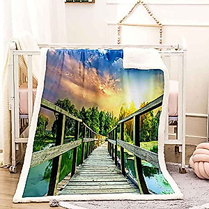 NARBOR Soft Fleece Throw Blanket - Fluffy Microfiber Solid Blankets for Bed and Couch Double/Single Size - 59X79Inch Lake Wooden Bridge Landscape Printed Flannel Blanket for Bed, Couch and Sofa