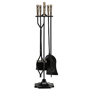 Tangkula 5 Pieces Fireplace Tools Wrought Iron Toolset 4 Tools & Decor Holder Indoor Outdoor Tong,Poker, Base, Shovel,Brush Fireplaces Hearth Accessories
