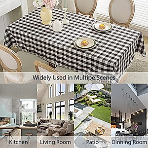 Laolitou Checkered Tablecloth Rectangle Washable Buffalo Plaid Table Cloth with Tassel Cotton Linen Gingham Table Cover for Picnic Kitchen Dining Room, Black and White, 86 Inch