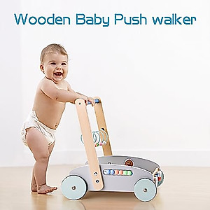 Wooden Baby Walker, Push Toys for Babies Learning to Walk,Shopping Cart for Kids Garden Wagon and Play Set with Abacus Blocks Push and Pull Learning Walking Educational Gift for Toddler Boy Gir 2 3