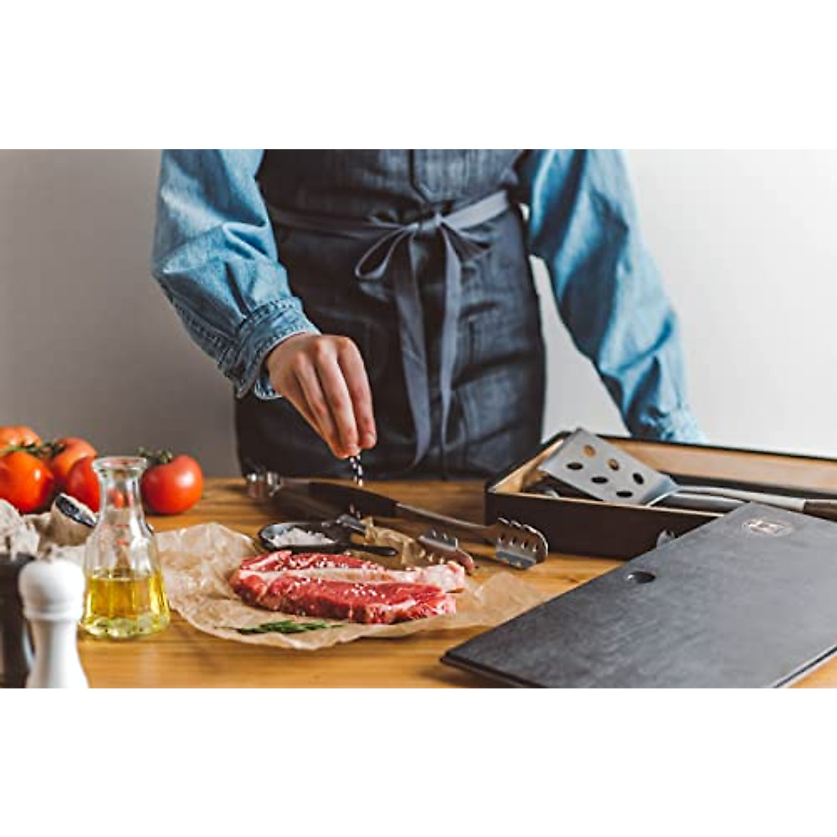 Schmidt Brothers - BBQ Carbon 6, 4-Piece Grilling Accessory Set, Full-Forged Stainless Steel Grilling Utensils Including Spatula, Fork, Basting Brush, and Tongs with All Wood Handles