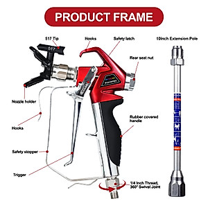 DUSICHIN Airless Paint Primer Spray Gun High Pressure 3600 PSI Reversible 517 Nozzle Tip Guard Swivel Joint with 10 inches Extension Pole for Titan Graco Airless Paint Sprayers Aftermarket DUS3600