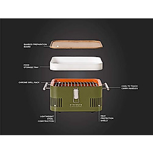 Everdure Cube Portable Charcoal Grill, Tabletop BBQ, Perfect Tailgate, Beach, Patio, or Camping Grill, Lightweight & Compact Small Grill with Preparation Board & Food Storage Tray, Khaki