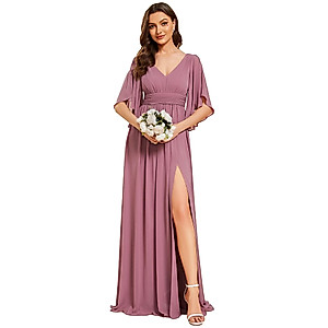 Ever-Pretty Women's V Neck A Line Split Half Sleeves Floor Length Chiffon Ball Gowns Orchid US16