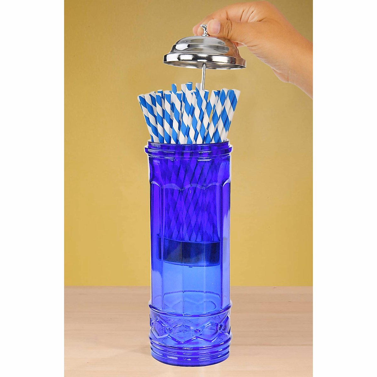 HOME-X Cobalt Blue Glass Straw Dispenser, Straw Holder, Vintage Home Kitchen Accessories, Pop Up Stra Lid Dispenser, Depression Style