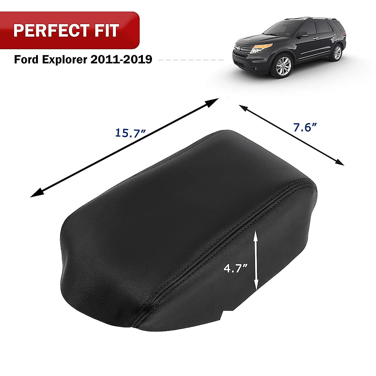 KBH Car Front Center Console Armrest Cover Replacement for Ford Explorer 2011-2019, Vinyl Leather, Middle Console Arm Rest Skin Upholstery, Anti-Scratch, Black (Without Lid)