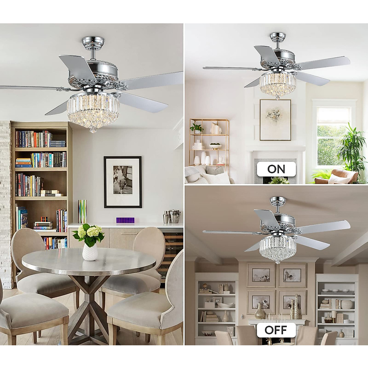 NOXARTE 52 inch Crystal Ceiling Fan with Lights, Modern Chrome Chandelier Ceiling Fan, Quiet Motor, 5 Reverse Wood Blades Crystal Fandelier Ceiling Fan Light Kit for Bedroom Living Dining Room