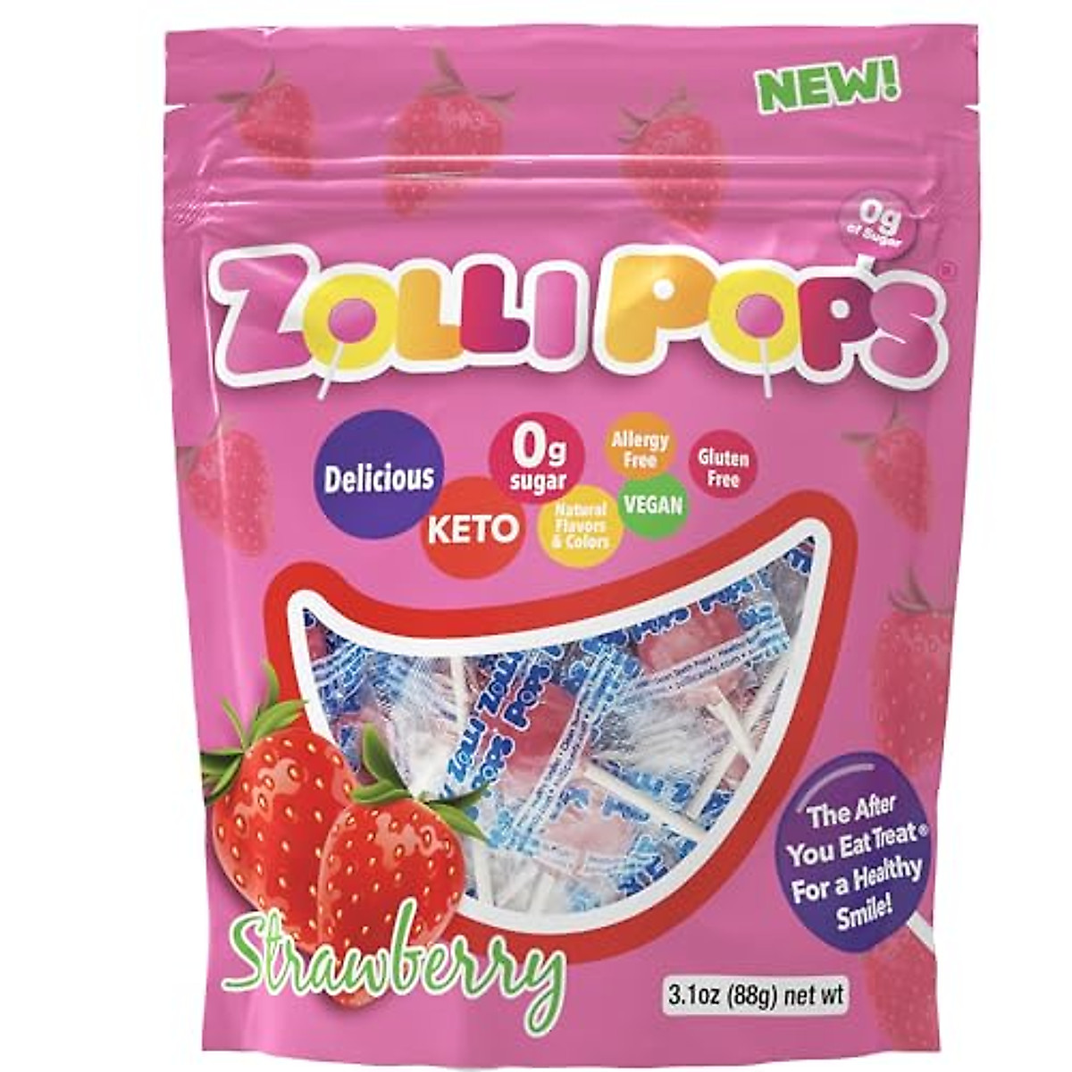Zollipops Clean Teeth Lollipops AntiCavity Sugar Free Candy with Xylitol for a Healthy Smile Great for Kids Diabetics and Keto DietStrawberry 3.1oz, Strawberry, 15 Count