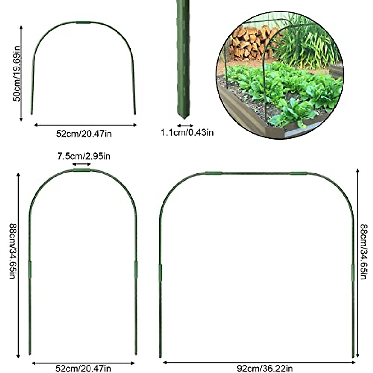 NZXVSE 6pcs Garden Hoops for Row Cover, 34.6x36 Inch Greenhouse Frame Tunnel Hoop, Steel Rust-Free Grow with Plastic Coated Support Frame, Dia 11mm Green