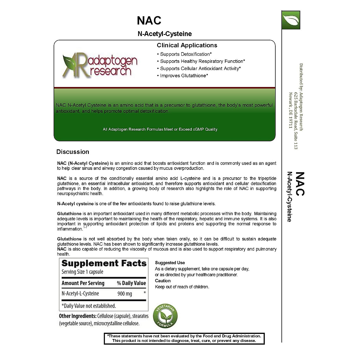 N-Acetyl-L-Cysteine 900mg | NAC Supplement | Powerful Antioxidant | Supports Detoxification | Non-GMO | 120 Vegetarian Capsules | Adaptogen Research