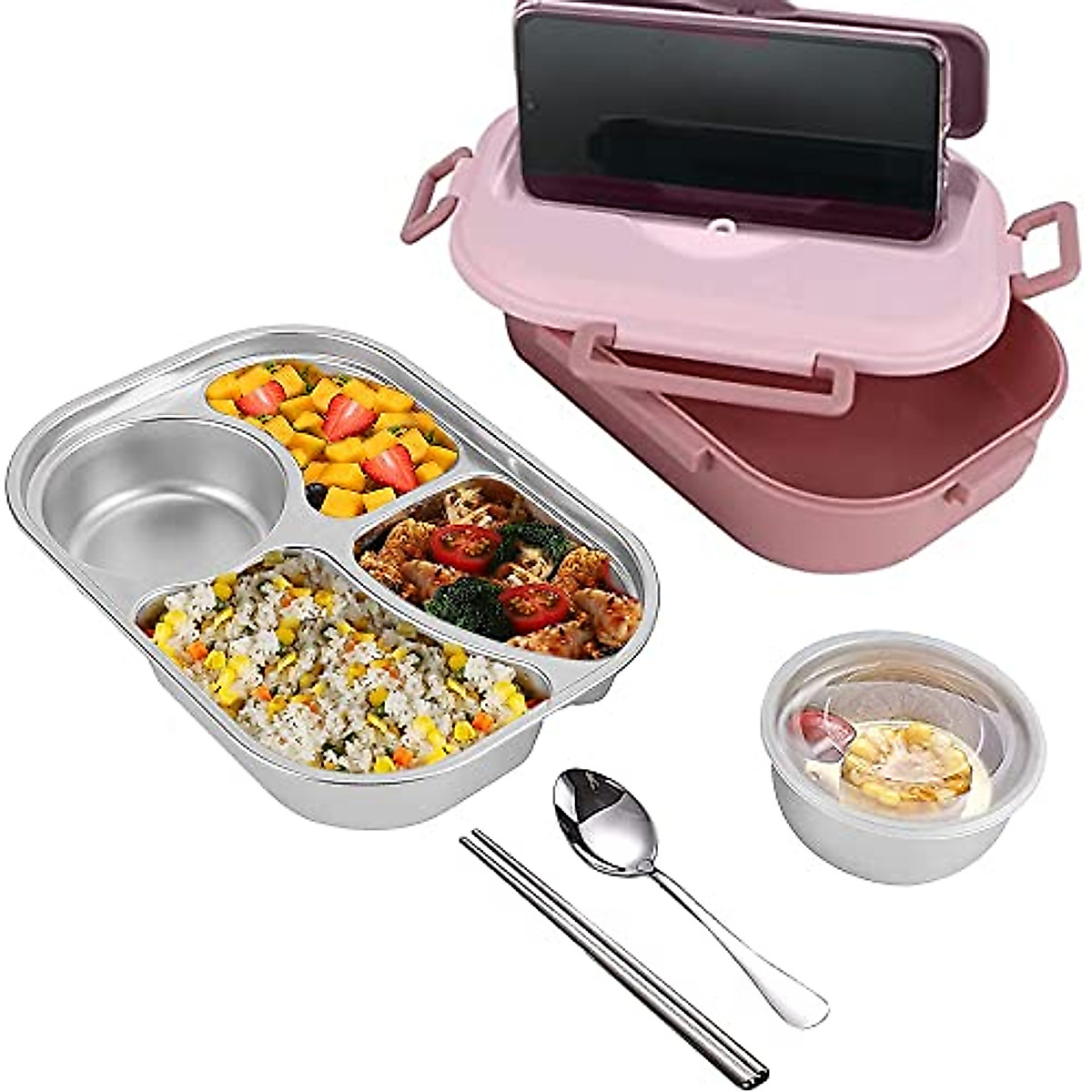 Raviga Stainless Steel Lunch Box 4 Compartments Portable Bento Box for Kids Student or Adult Food Storage Containers with Lids Airtight Soup Bowl And Tableware Large Capacity 50-oz(Pink)