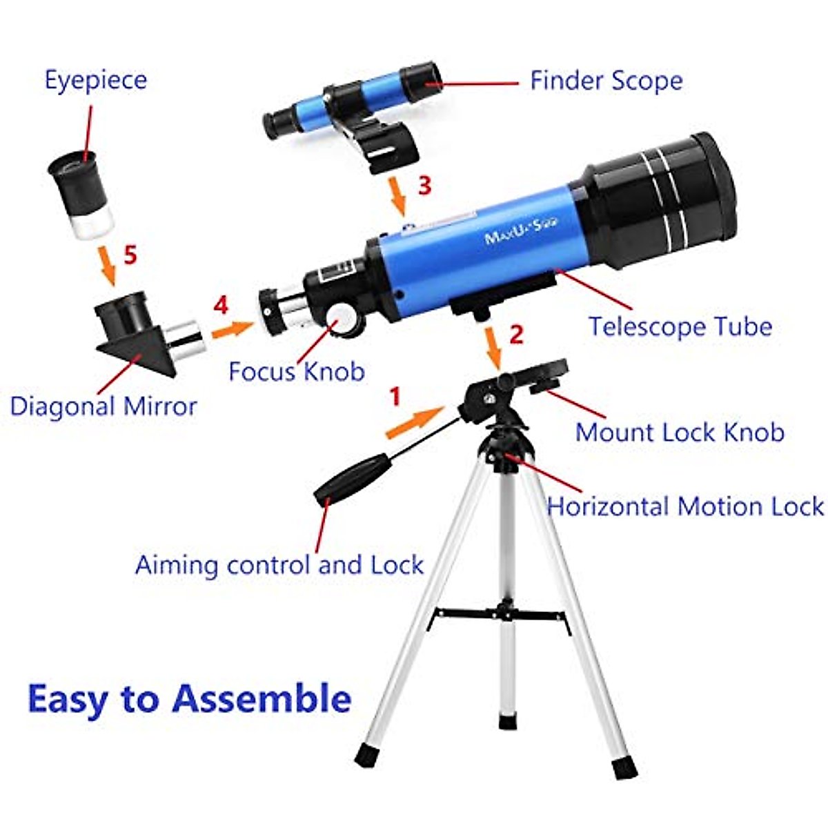 MaxUSee 70mm Telescope for Kids & Astronomy Beginners, Refractor Telescope with Tripod & Finder Scope, Portable Telescope with 4 Magnification eyepieces & Phone Adapter