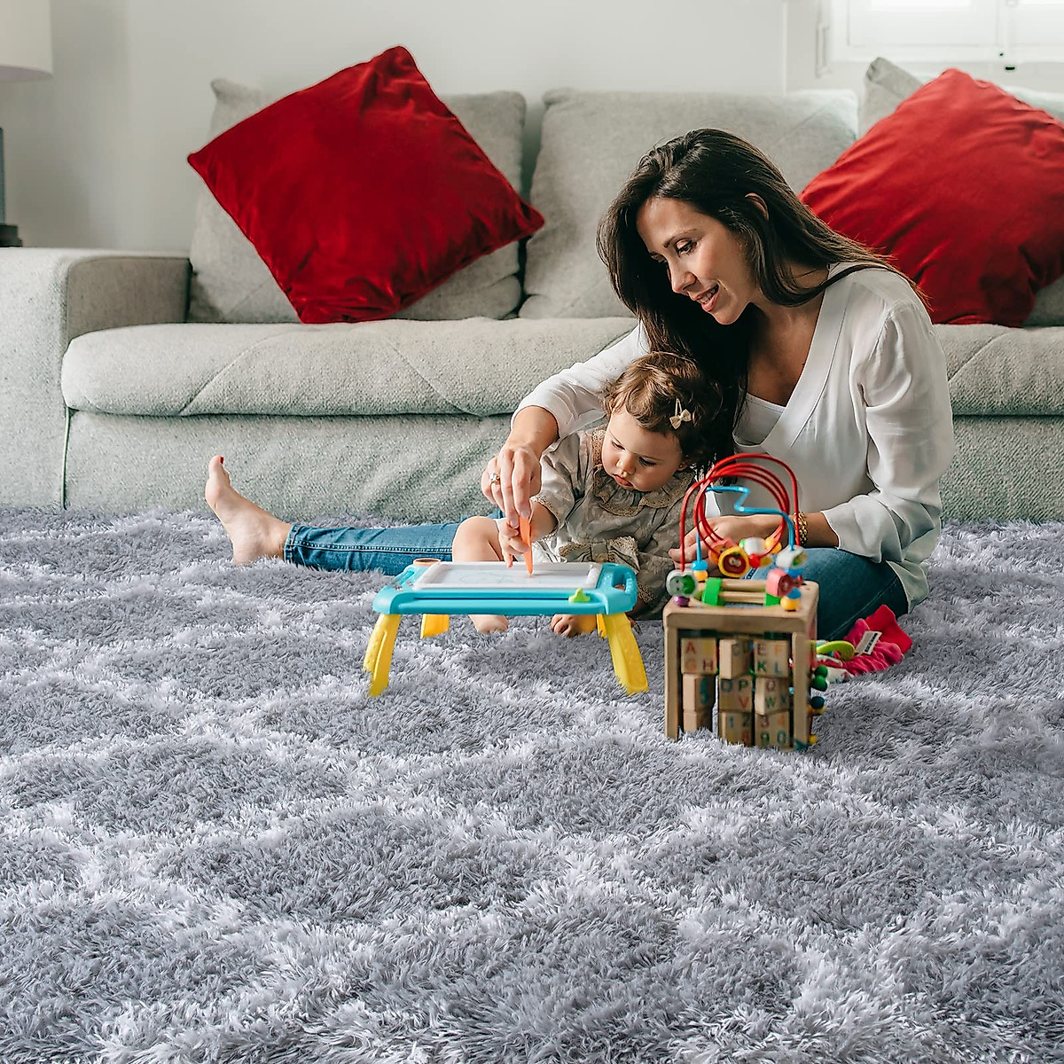 Unirea Shag Area Rugs for Bedroom Living Room 3x5 Fluffy Floor Carpet, Indoor Soft Furry Plush Rug for Kids Teens Room Dorm Nursery Playroom, Bedside Accent Rug Home Decor, Light Grey/White