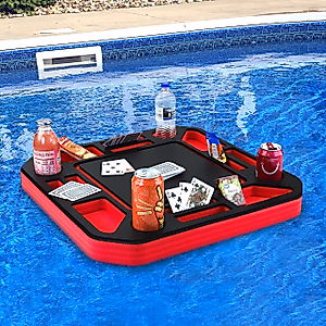 Polar Whale Floating Poker Table Red and Black Game Tray for Pool Beach Party Float Lounge Durable Foam 23 Inch Chip Slots Drink Holders with Waterproof Playing Cards Deck UV Resistant