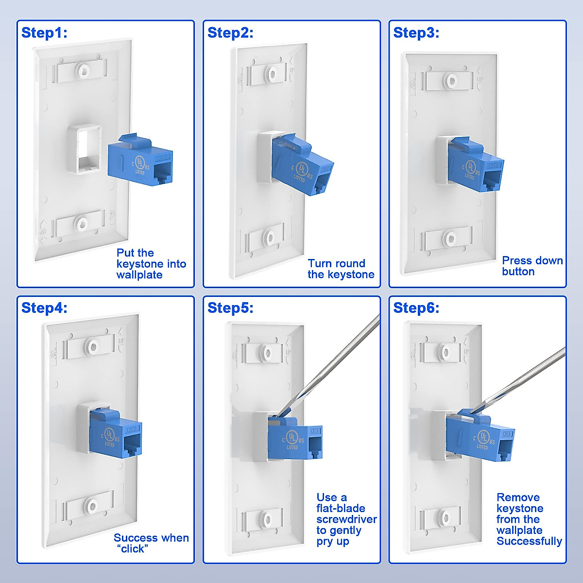 LEENUE UL-Listed RJ45 Keystone Coupler 24-Pack, Cat 6/5E/5 POE Ethernet Keystone Inline Coupler, Blue