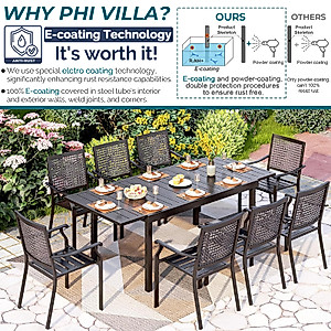 PHI VILLA Outdoor Patio Dining Table and Chairs Set of 9 Pieces Patio Furniture Set Metal Expandable Dining Table 8 Wrought Iron Stackable Chairs for Bistro Backyard