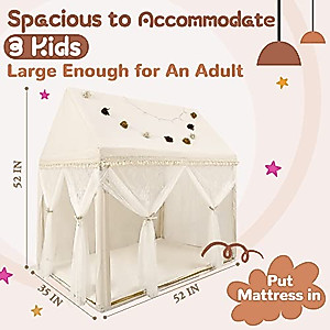 Kids Play Tent Indoor Outdoor, Large Play House Tents for Toddlers 3-12 Years Old, Girls Boys Play Tents with Non-Slip Mat, Tassel Garland and Star Lights, Neutral Color 52" x 35" x 52"