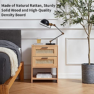 Mido Mido 2 Drawer Rattan Nightstand, Sturdy&Durable Natural Solid Wood Nightstand, End Table, Light Wood Bedside Table Wood Accent Table with Storage for Bedroom, Living Room, Natural