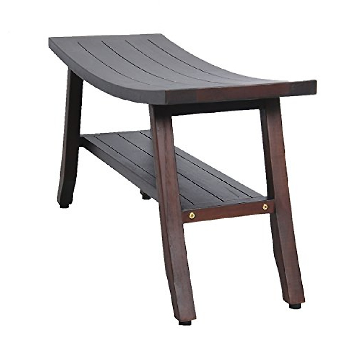 DecoTeak Satori Teak Shower Bench 34″ Long Eastern Style Wood Shower Bench with Curved Seat and Shelf Wooden Seat Shower Stool in Woodland Brown Finish