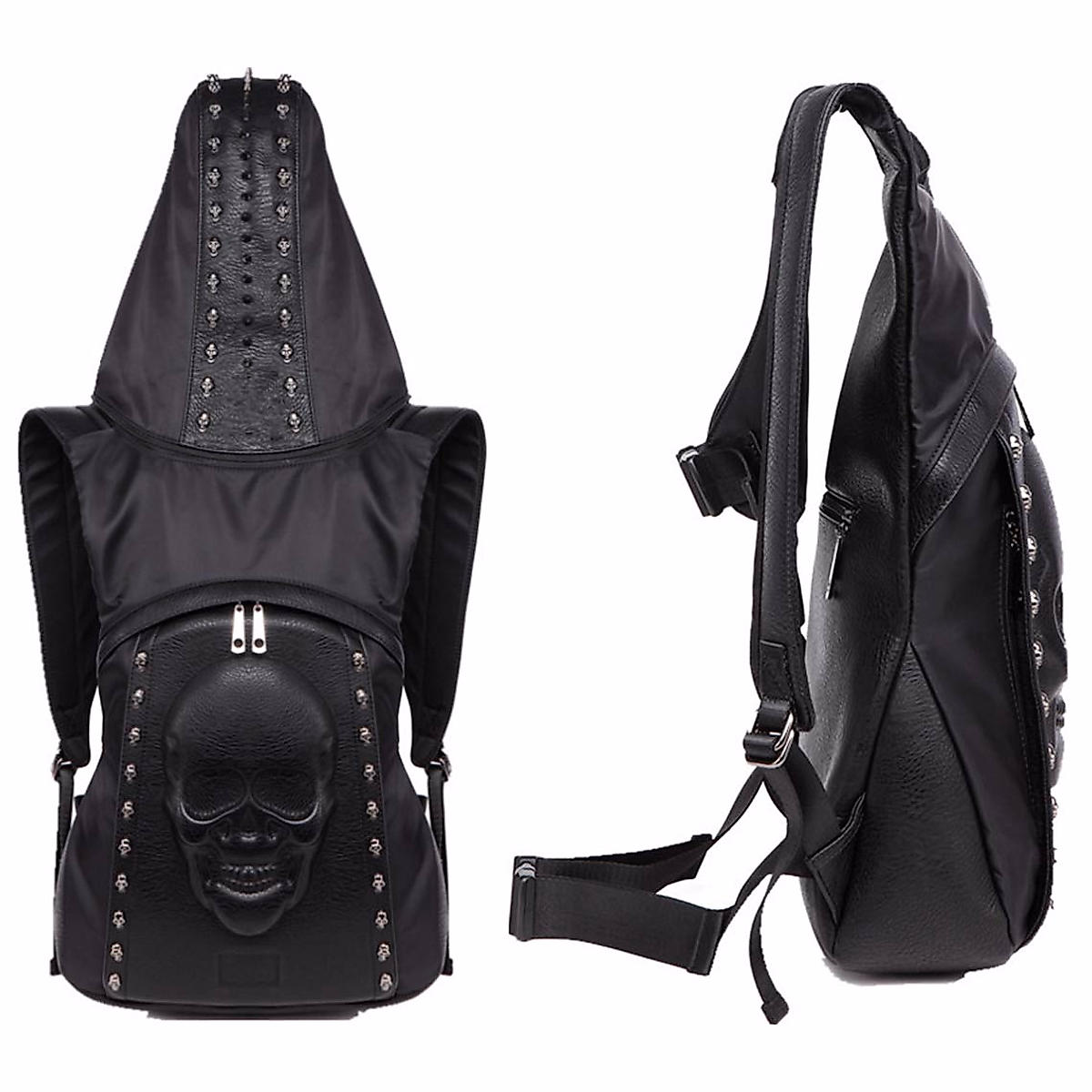 Chikencall Skull Backpack Hooded Skull Gothic Rucksack Rivet Studded Zipper Shoulder Purse Black Punk Metal 3D Stereo Daypack
